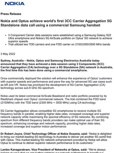 Withings Nokia And Optus Achieve Worlds First 3cc Carrier Aggregation 5g Standalone Data Call