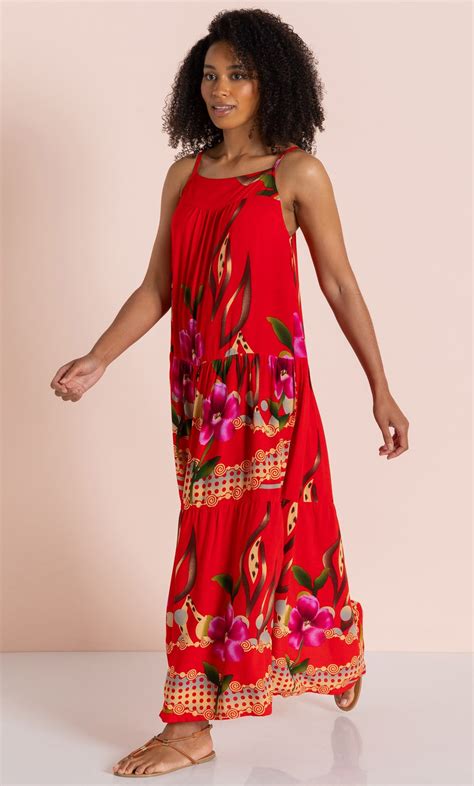Printed Strappy Maxi Dress In Red Klass