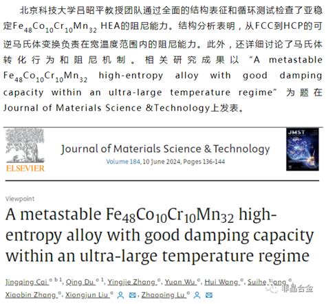 《jmst》吕昭平等工作：高强度、高阻尼亚稳态fe48co10cr10mn32高熵合金！ 非晶中国