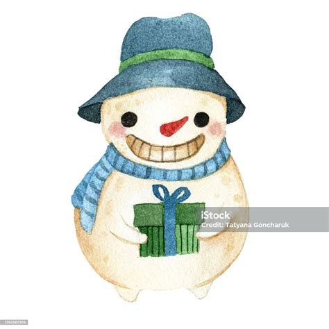 수채화 그리기 귀여운 캐릭터 눈사람 크리스마스 새해를위한 만화 스타일의 어린이 일러스트 눈사람에 대한 스톡 벡터 아트 및 기타