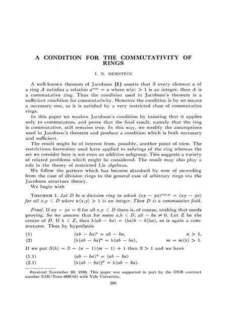 A Condition For The Commutativity Of Rings Inh Pdf Ring Mathematics Field Mathematics
