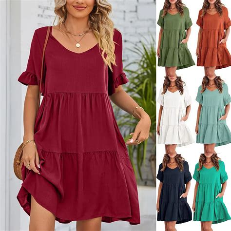Women Solid Dress V Neck Dress Butterfly Sleeve Edible Tree Fungus