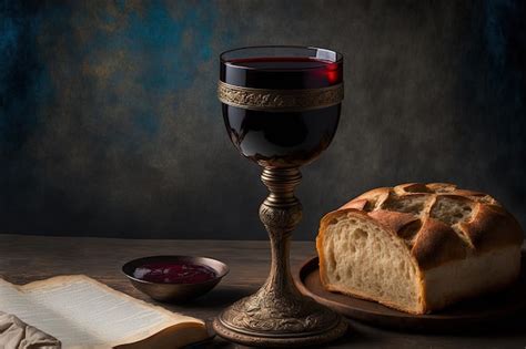 Premium Ai Image Red Wine In A Chalice With Bread And The Bible