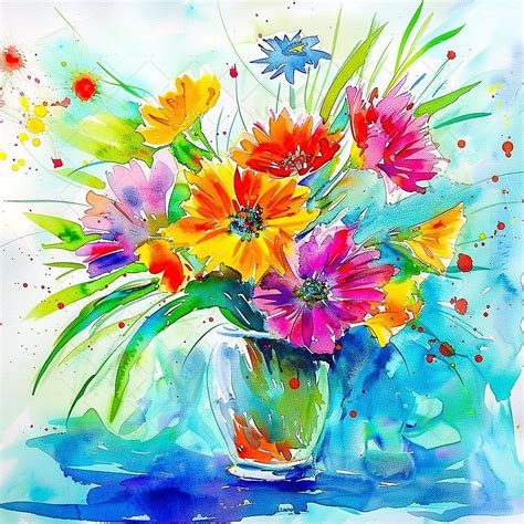 Flower Vase Watercolor Colorful Watercolor Flowers In Vase