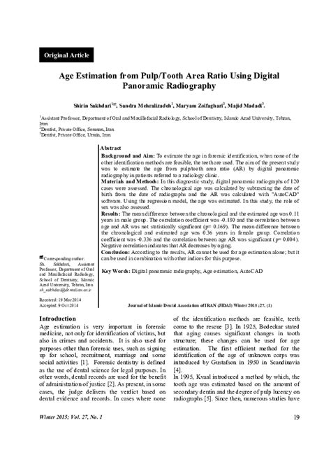 Pdf Age Estimation From Pulptooth Area Ratio Using Digital Panoramic Radiography