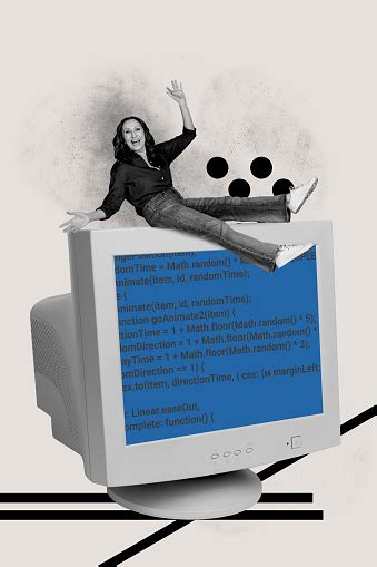 복합 트렌드 아트 워크 3d 스케치 이미지 사진 콜라주 흑백 늙은 여자가 앉아있는 거대한 구식 컴퓨터 모니터 흔들기 제스처 안녕