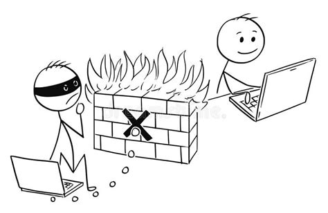 Cartoon Of Man Or Businessman Working On Computer While Hacker Cannot