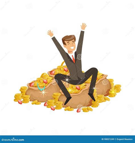 Happy Rich Successful Businessman Character Sitting On A Pile Of Money