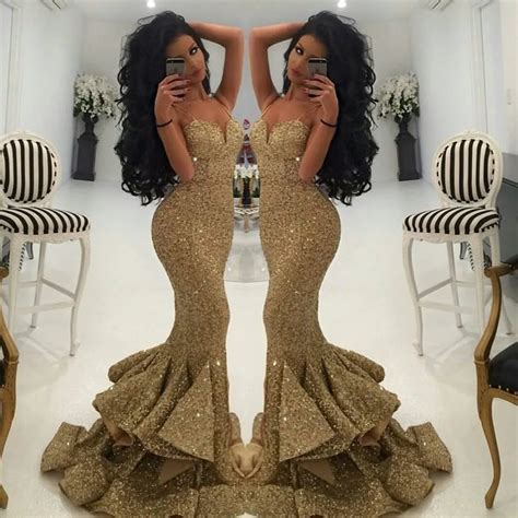 Gold Spaghetti Prom Dress 2017 New Sequin Mermaid Evening Dress With