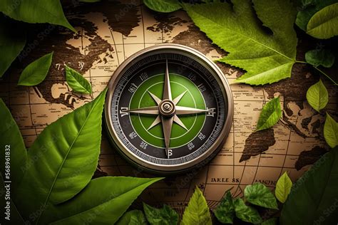 Green Leaves Surrounding A Compass Pointing Towards Eco Friendly