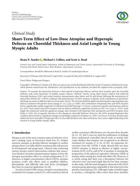 Pdf Short Term Effect Of Low Dose Atropine And Hyperopic Defocus On Choroidal Thickness And