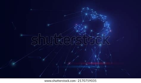1 Human Face Luminous Triangular Blue Grid On Black Background Stock