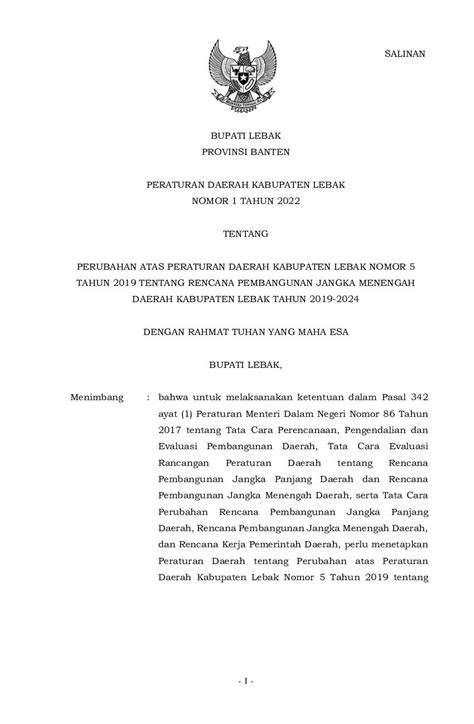 Peraturan Daerah Kab Lebak No 1 Tahun 2022 Tentang Perubahan Atas