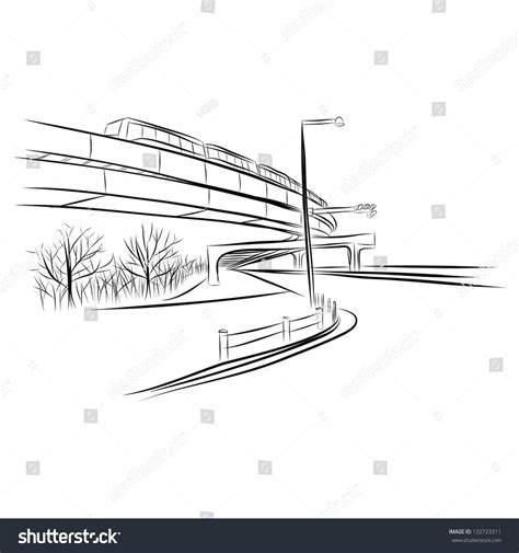 Road Under Overpass Sky Train Bridge Hand Drawn Stock Vector