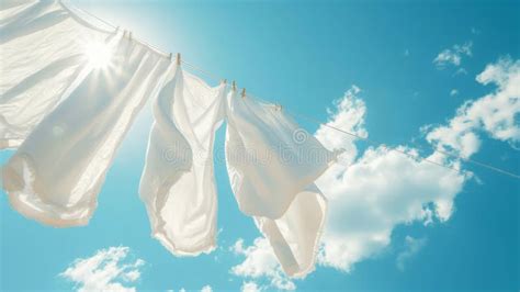 White Sheets Dry On A Clothesline Against The Background Of A Blue
