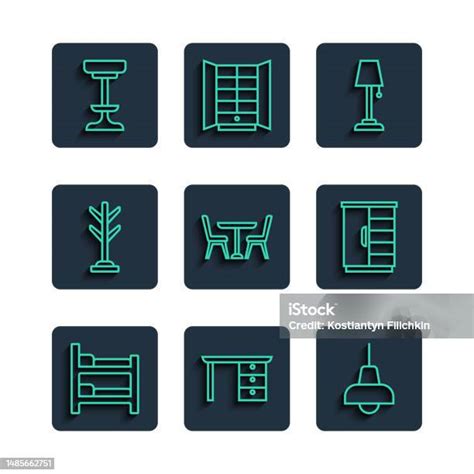 세트 라인 이층 침대 사무실 책상 램프 걸이 플로어 램프 의자가 있는 테이블 코트 스탠드 의자 및 옷장 아이콘 벡터 0명에 대한