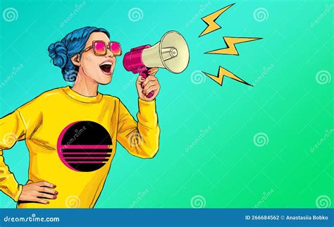 Comic Girl With Megaphone Woman With Loudspeaker Advertising Poster