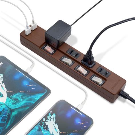 粗い木目調 延長コード 2m 電源タップ 2個セット Usb付き 雷ガード Usb 充電ポート付 2ポート合計2 4a出力・コンセント4口