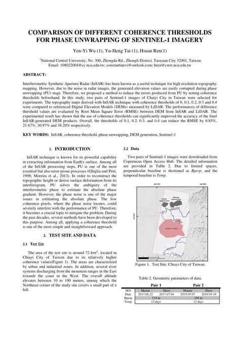 Pdf Comparison Of Different Coherence Thresholds For Phase Unwrapping Of Sentinel 1 Imagery