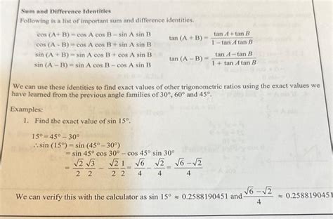 Solved Sum And Difference Identities Following Is A List Of