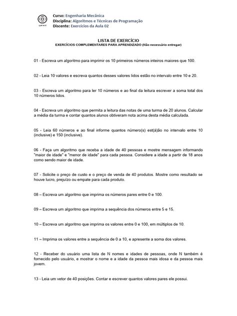 Lista De Exercicios Lacos E Vetores Pdf Algoritmos String