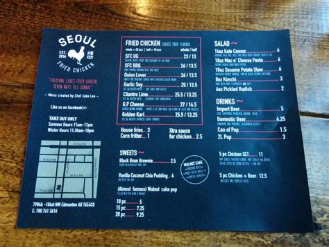 Menu At Sfc Seoul Fried Chicken Restaurant Edmonton