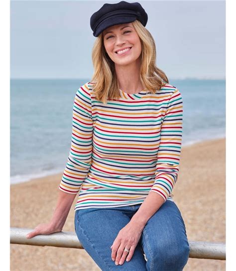Multi Stripe Slim Ribbed Crew Neck Top Woolovers Au