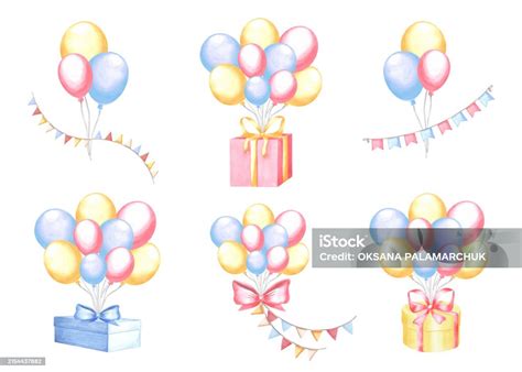 선물 상자 활 및 페넌트 화환이 있는 헬륨 풍선 생일 축하합니다 클립아트 모음 손으로 그린 수채화 일러스트 축제 세트입니다 카드