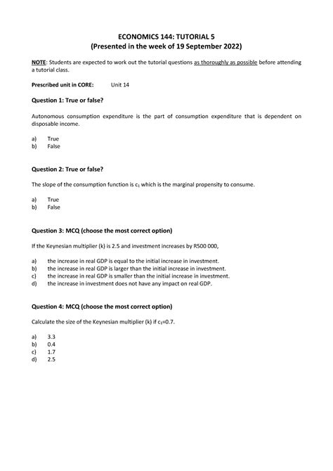 Economics 144 Tutorial 5 Economics 144 Tutorial 5 Presented In The