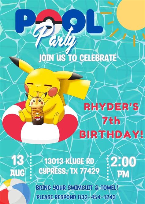 Pikachu Pool Birthday Invitation Dive Into A Pokemon Splash Party In
