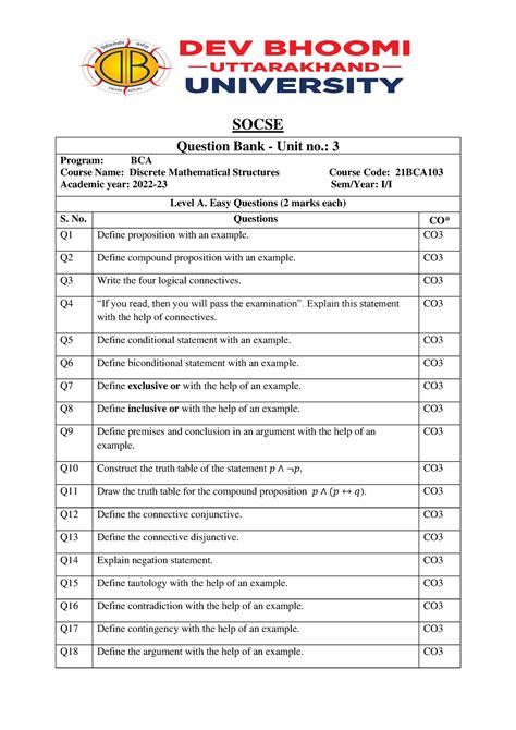 Mathematical Logics Socse Question Bank Unit No 3 Program Bca
