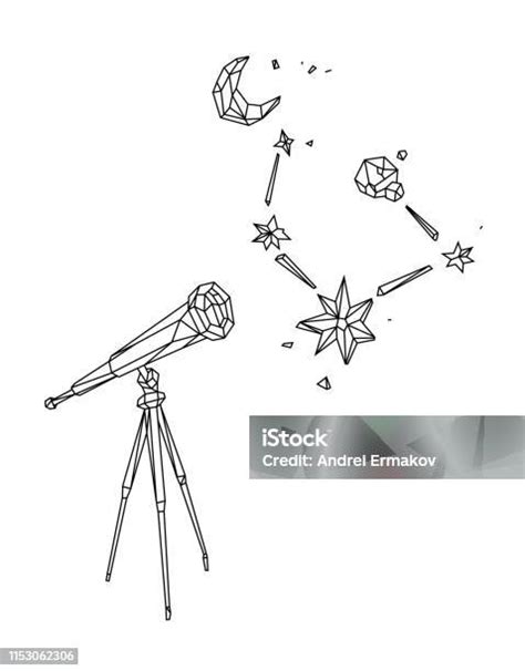 별이 빛나는 하늘과 달에 대 한 망원경의 낮은 폴 리 그림 벡터 윤곽 그리기 레트로 스타일입니다 배경 상징 내부에 대 한 엠 블 럼 비즈니스 비유 0명에 대한 스톡 벡터