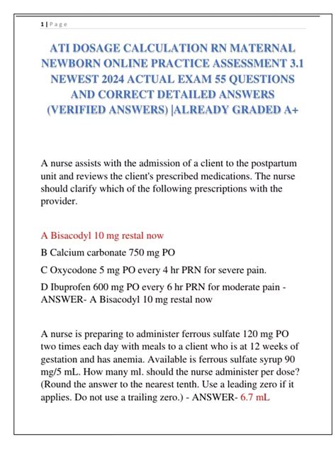 Ati Dosage Calculation Rn Maternal Newborn Online Practice Assessment 3 1 Newest 2024 Actual