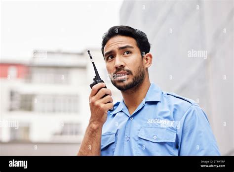Walkie Talkie Man And Asian Security Guard For Safety City Watch Or