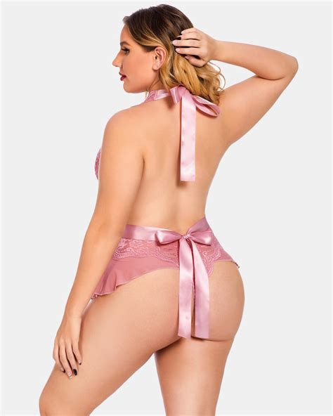 Plus Size Halter Deep V Neck Lace Bodysuit Avidlove