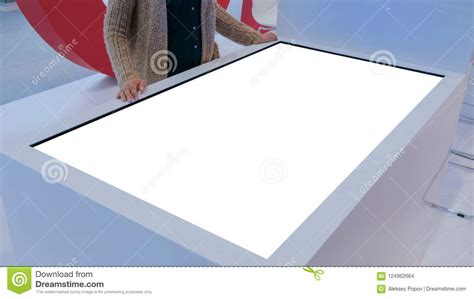 Woman Using Interactive Touchscreen Display Terminal Stock Photo Image Of Media Communication