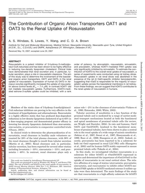 Pdf The Contribution Of Organic Anion Transporters Oat1 And Oat3 To