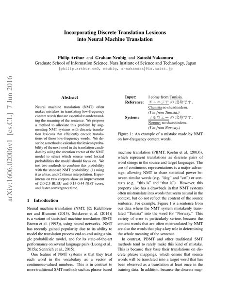 Pdf Incorporating Discrete Translation Lexicons Into Neural Machine Translation