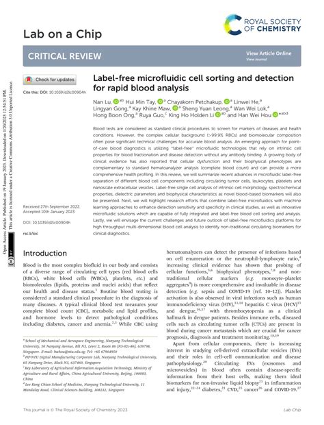 PDF Label Free Microfluidic Cell Sorting And Detection For Rapid Blood Analysis