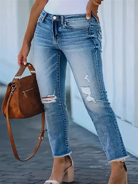 Casual Jeans Plus Size Women S Plus Ripped Washed Button Fly Temu