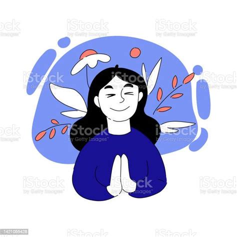 명상하는 소녀의 벡터 일러스트레이션 여자 기도 은혜 명상 자연과의 일치 식물 꽃 평온 평온 사랑 평화 감사 정신 건강 개념 블루 핑크 파스텔 색상 Mental