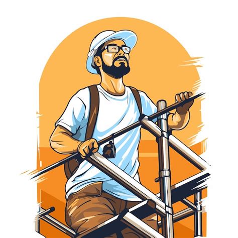 Premium Vector Vector Illustration Of A Worker On Scaffolding Construction Worker On Scaffolding