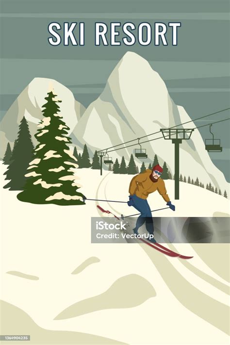 산악 스키어 빈티지 겨울 리조트 마을 알프스 스위스 눈 풍경 봉우리 공상 과학 리프트슬로프 나무 구식 스키와 기둥 여행 복고풍 포스터 복고풍에 대한 스톡 벡터 아트 및 기타