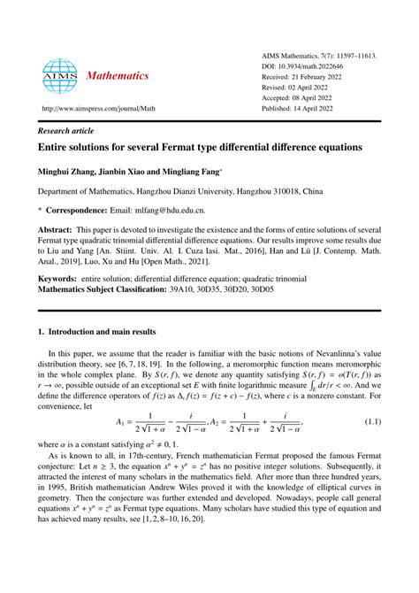 Pdf Entire Solutions For Several Fermat Type Differential Difference Equations