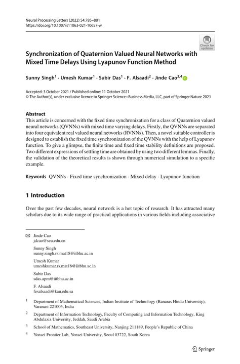 Pdf Synchronization Of Quaternion Valued Neural Networks With Mixed Time Delays Using Lyapunov
