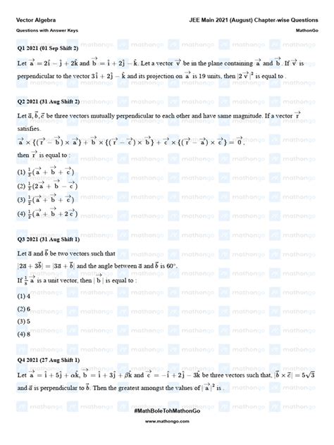 Vector Algebra Jee Main 2021 August Chapter Wise Mathongo Pdf