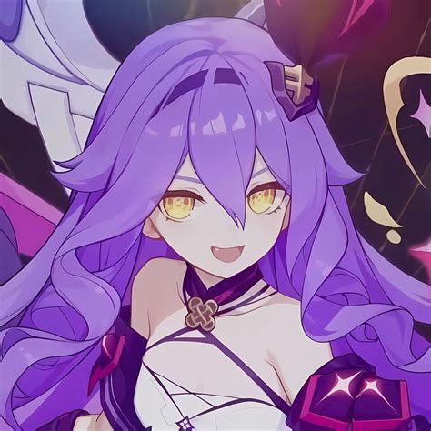 An Anime Character With Purple Hair And Yellow Eyes