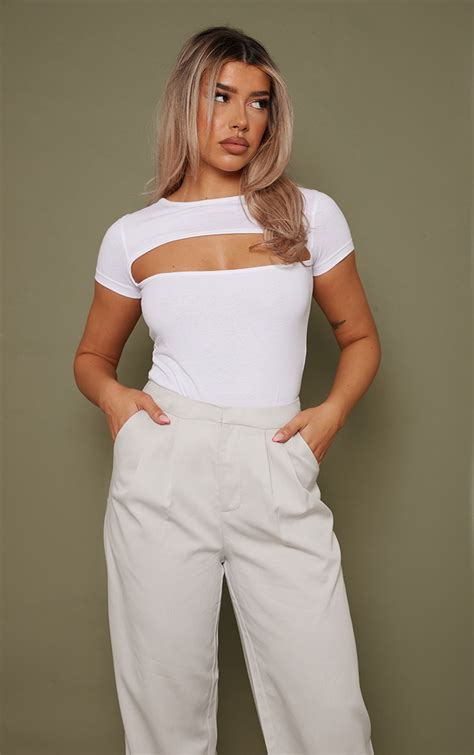 White Jersey Ruched Cut Out Short Sleeve Bodysuit Tops Plt Ire