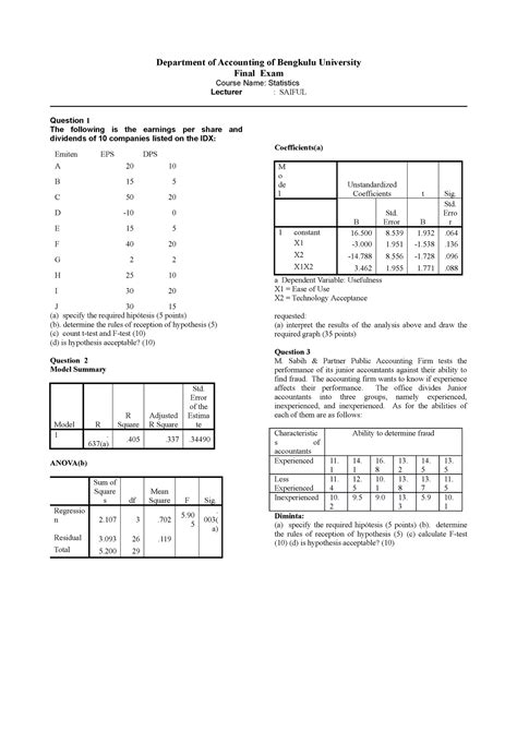 Final Exam Stat 2022 Soal Department Of Accounting Of Bengkulu University Final Exam Course