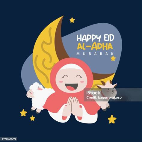 Holy Eid Al Adha Mubarak 귀여운 배너 만화 낙서 이슬람과 아랍어 인사말 전단지 무슬림 공동체 축제 그래픽